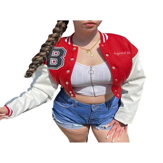 Women‘s Crop Baseball Jacket Casual Retro Varsity Coat Letters ...