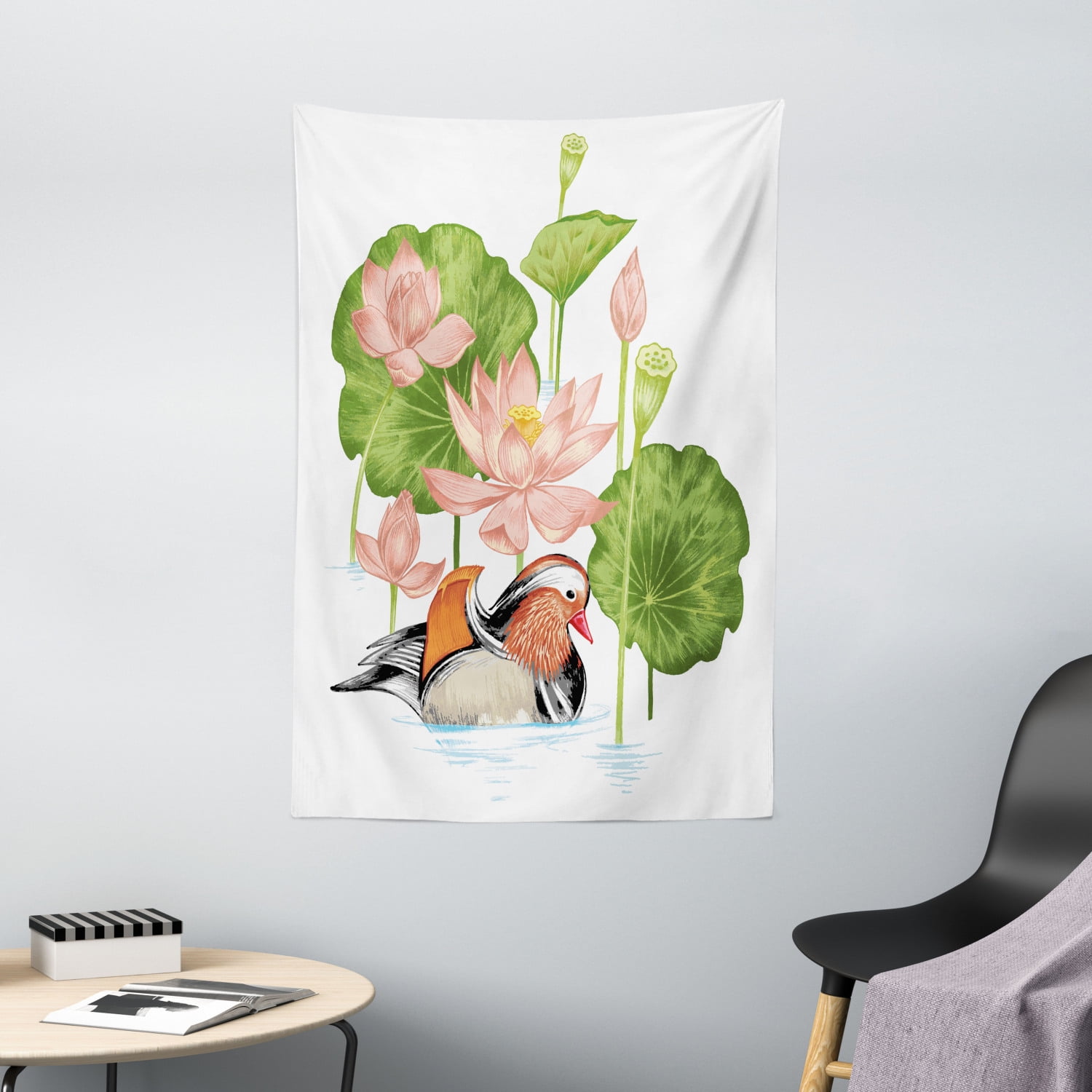 Rubber Duck Tapestry, Baby Mandarin Duckling in Pond with Lotus Lily ...