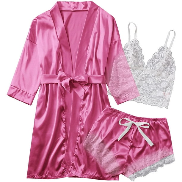 veeki Women's Sheer Lace Bralette and Striped Shorts Pajama Lingerie ...