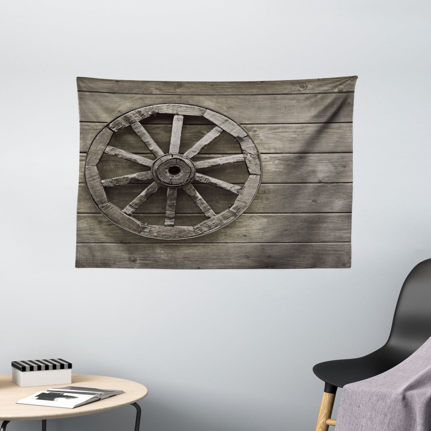 Barn Wood Wagon Wheel Tapestry, Antique Aged Carriage Vehicle Wheel on ...
