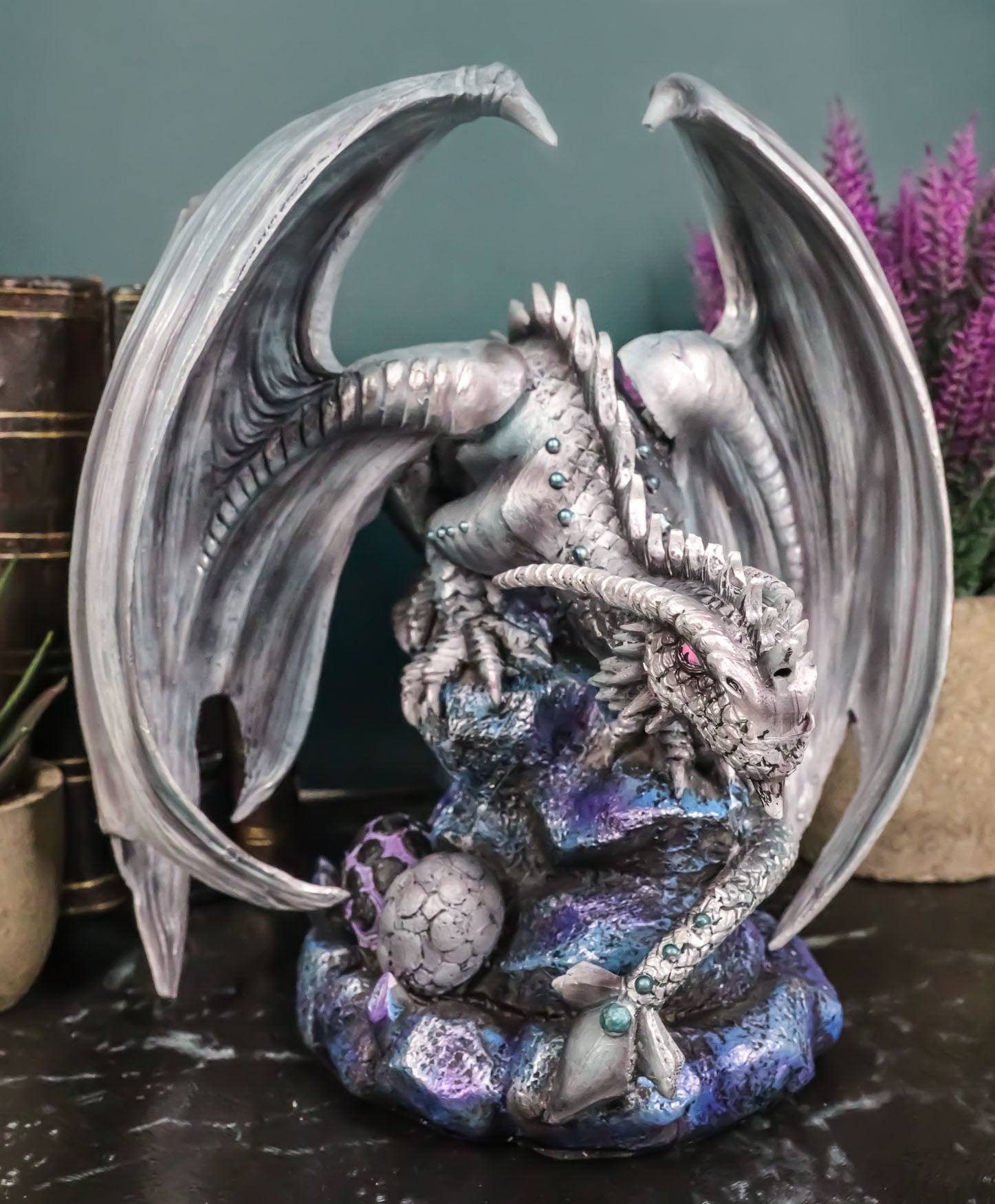 Ebros Grey Silverback Rock Adult Dragon & Egg Hatchling Statue 8"H Anne ...