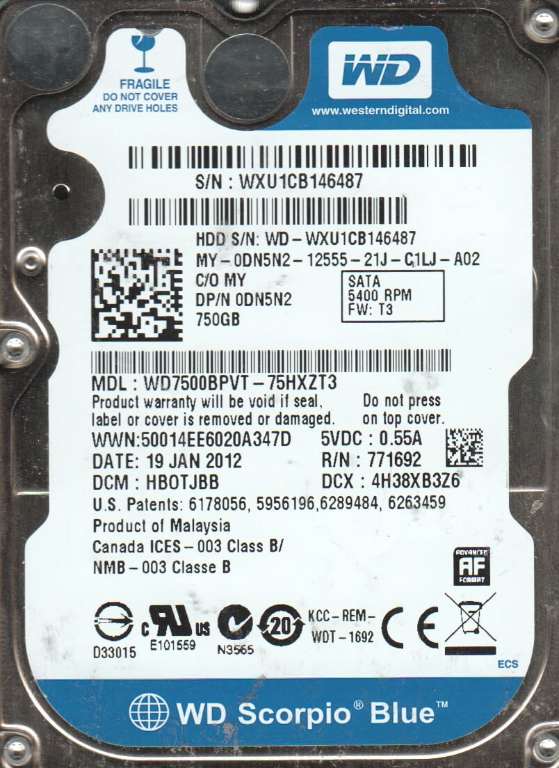 WD7500BPVT-75HXZT3, DCM HBOTJBB, Western Digital 750GB SATA 2.5 Hard ...