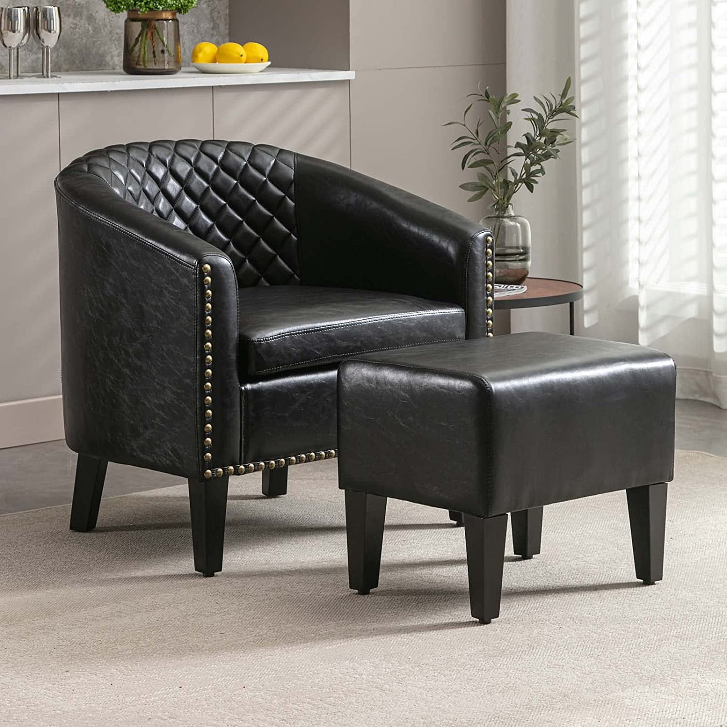 UPYOOE Black Leather Chair and Ottoman with Rivets Wood Legs,Club Chair ...