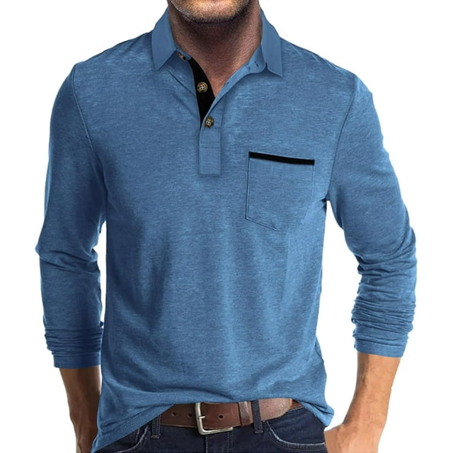 Men's Long Sleeve Thermal Button Polo Shirt Cotton with Pocket: Classic ...