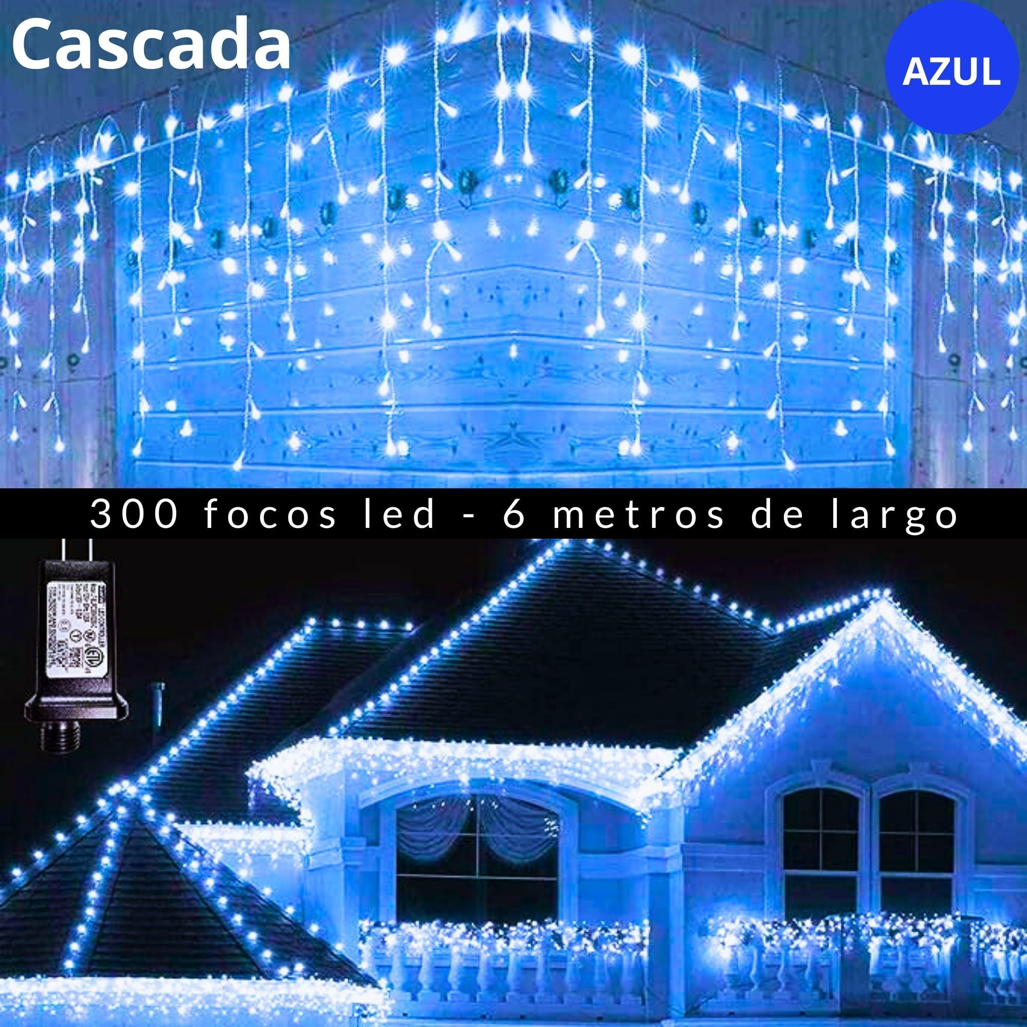 Cascadas de luces LED Azul 6mts 300 luces navideñas decoración luminosa ...