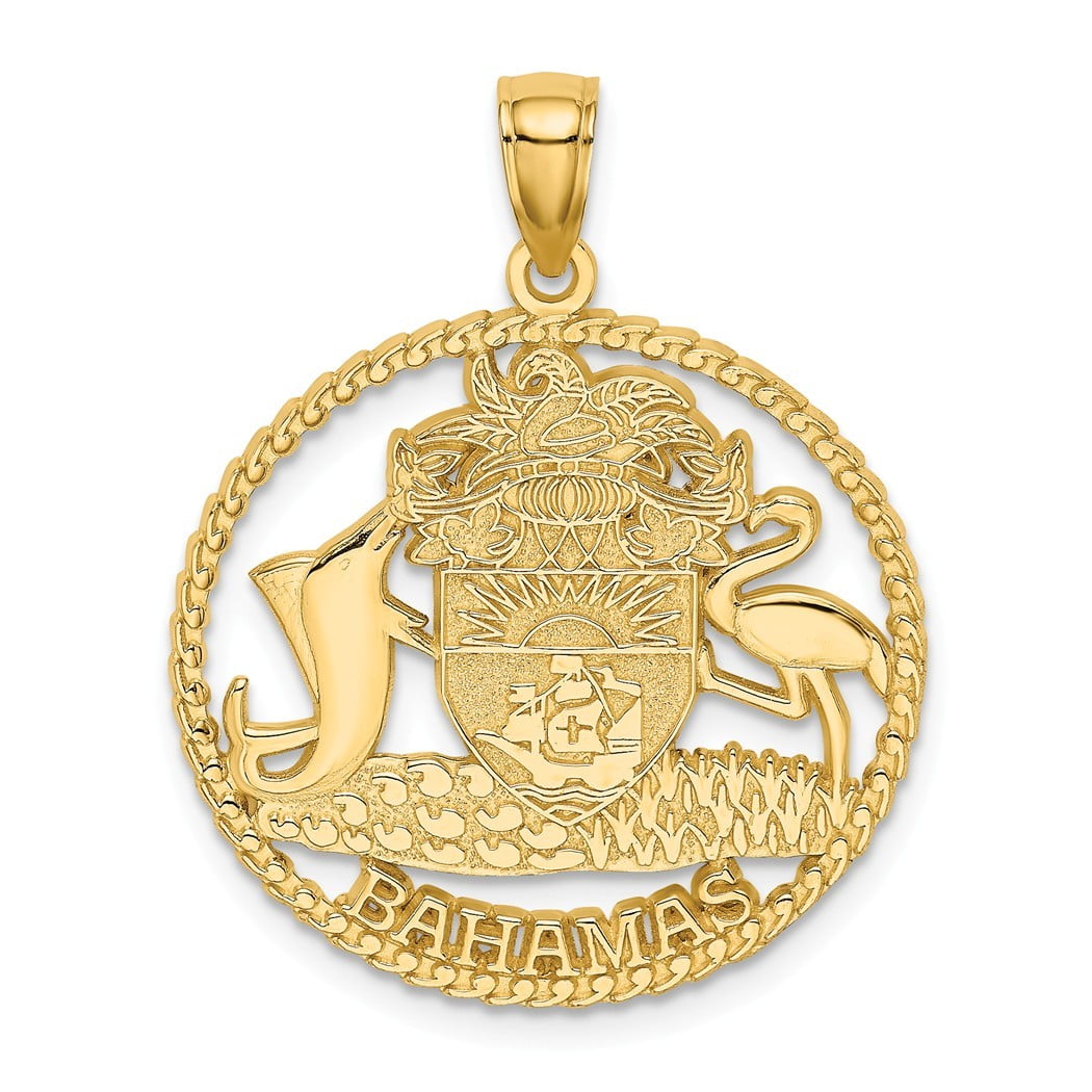 14k Gold Bahamas Crest In Textured Frame Charm Pendant Necklace ...
