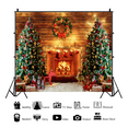 SUNOLIFE Christmas Fireplace Backdrop Banner Winter Xmas Tree Photo ...