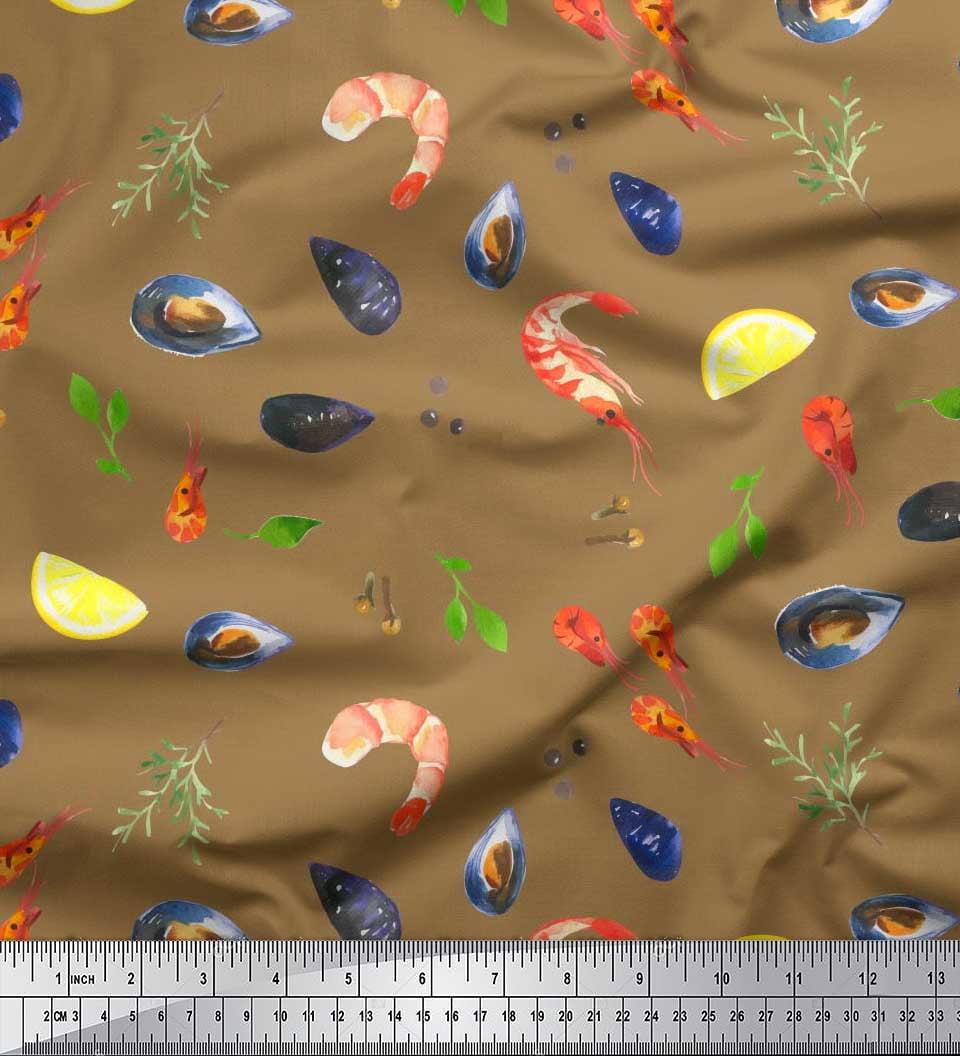 Soimoi Satin Silk Fabric Gemstone,Lemon Slice & Prawns Food Print ...