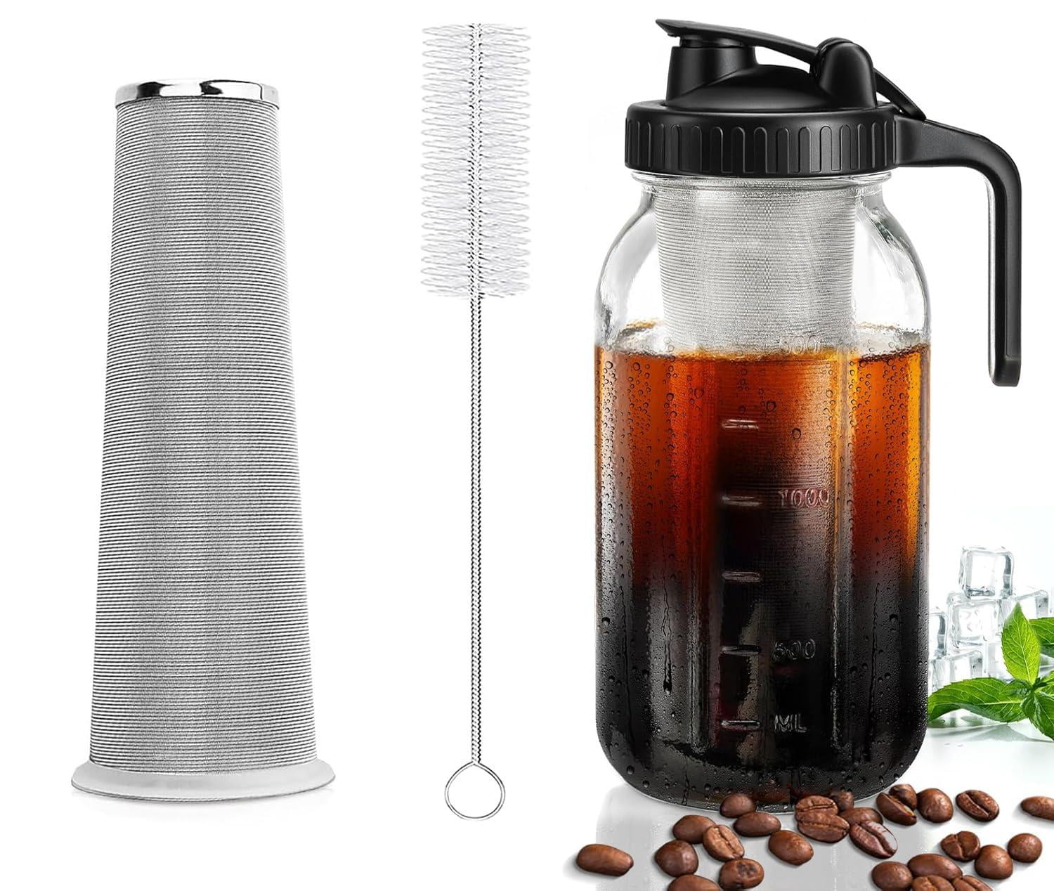 Wexlerey 64oz Cafetera Cold Brew Vidrio,Jarra Cold Brew con Tapa,Filtro ...