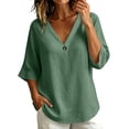 idosla Womens 3/4 Sleeve Linen Shirt Button V Neck Loose Fit Tops ...