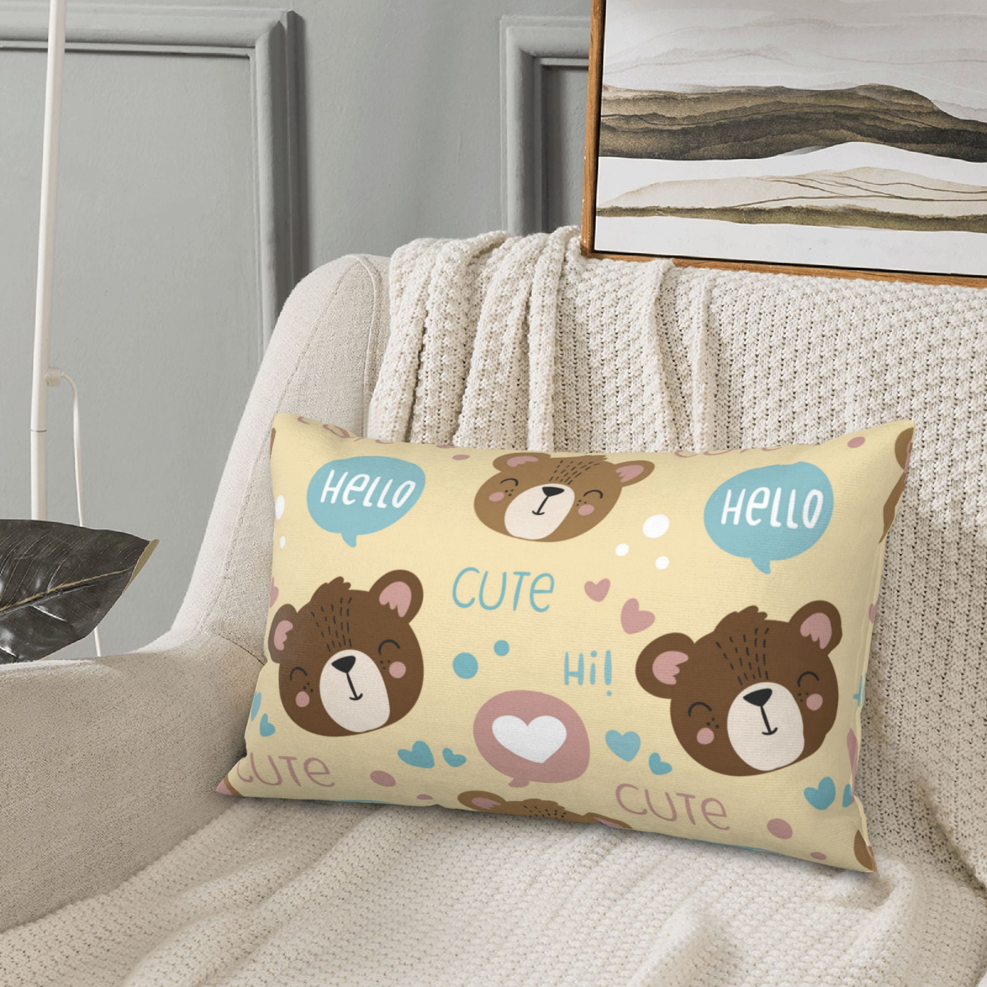 ZNDUO Rectangular Plush Cushion Cover, Cute Doodle Bears Pattern Non ...