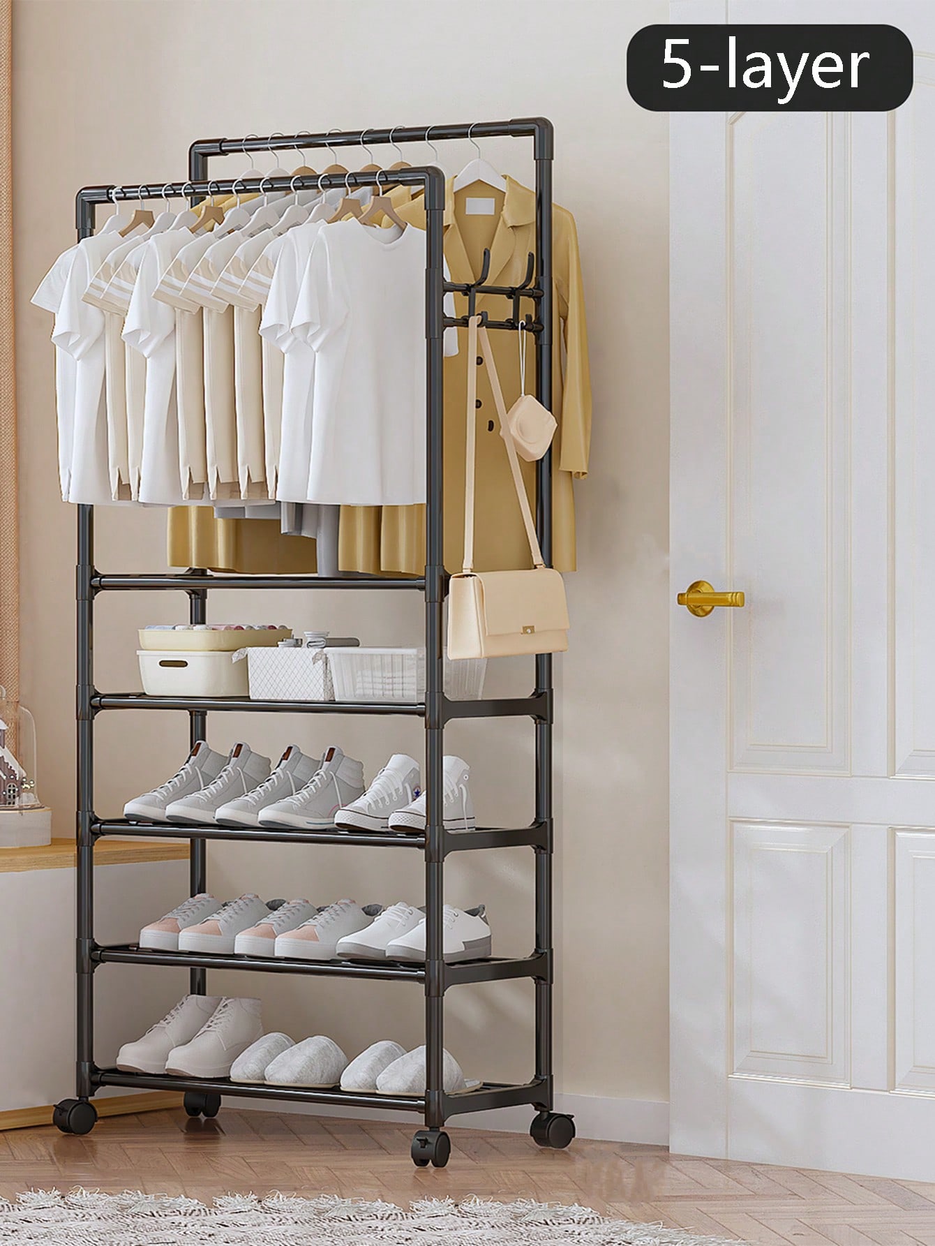 Double Pole With Pulley 1-5 Layer Clothes Rack Floor-Standing Hat/Shoe ...