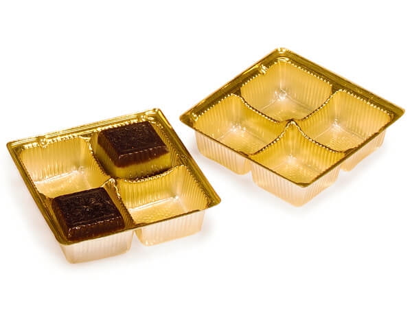 Pack Of 100, 3.5 X 3.5 X 1" Square Solid Gold Candy Trays W/4 Sections ...