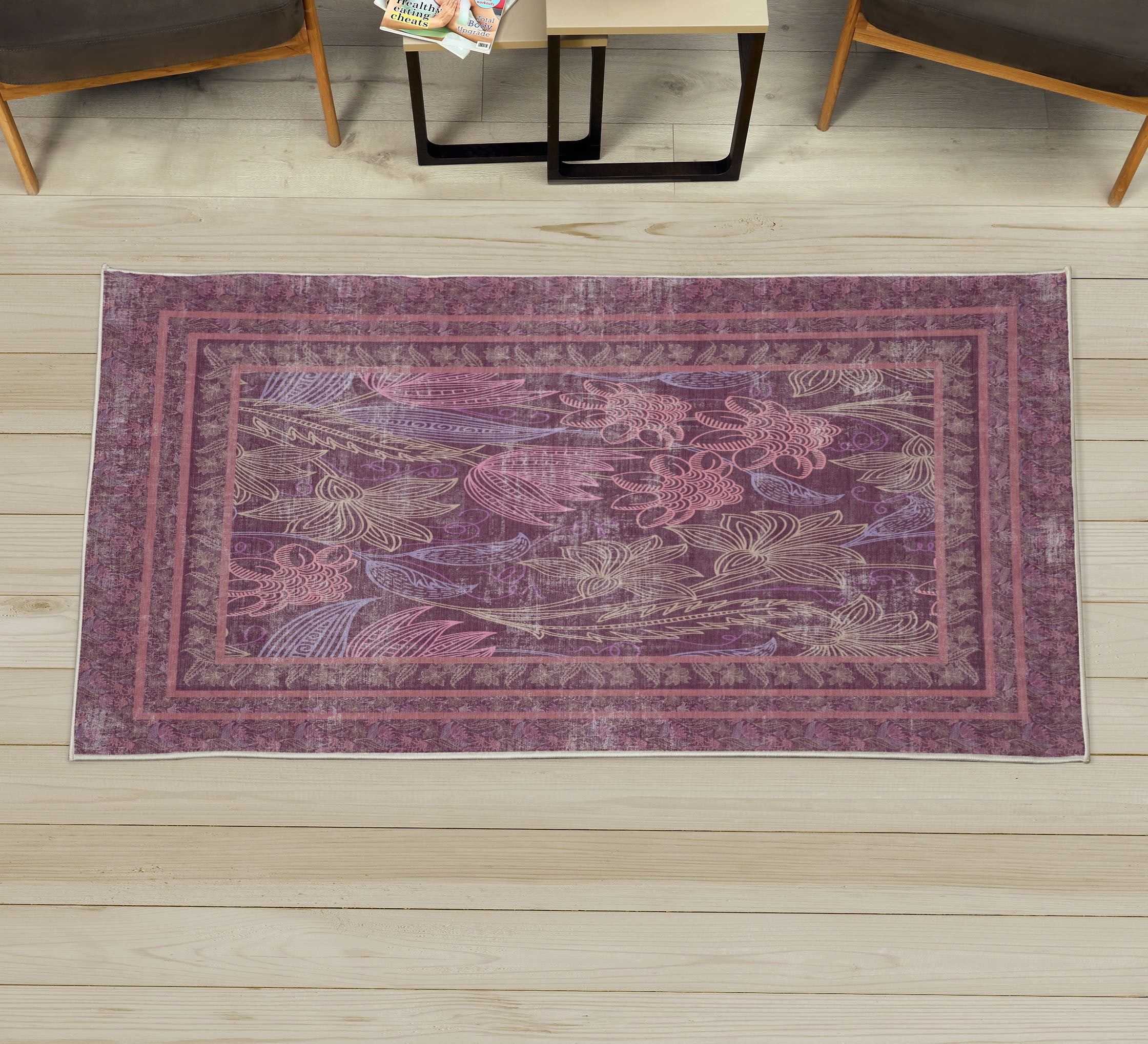 Garden Art Decorative Rug, Line Art Flowers Wild Meadow Blooms Nature ...