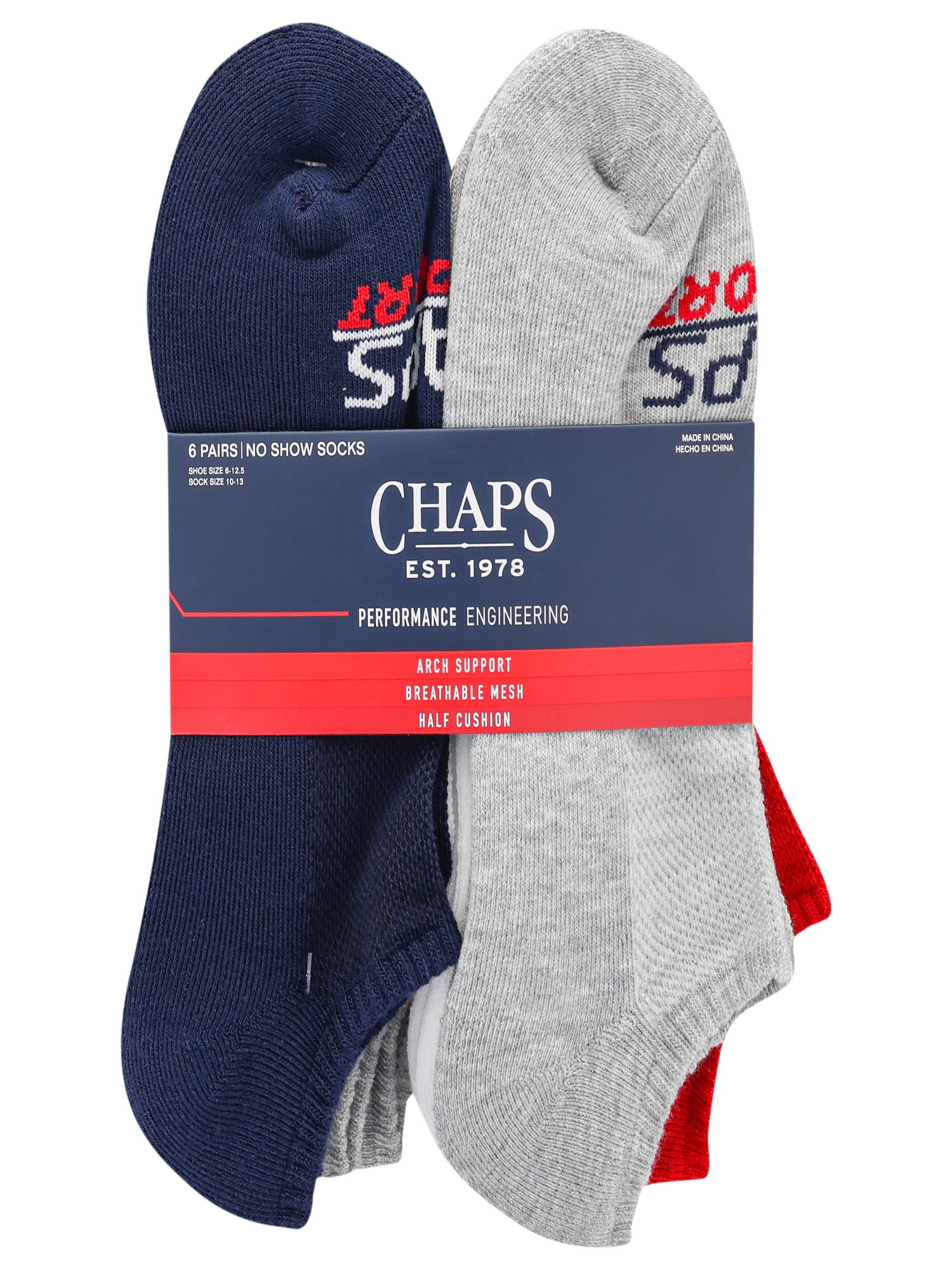 Chaps, Adult Mens, 6-Pack Sports Performance No Show Socks, Sizes 6-12 ...