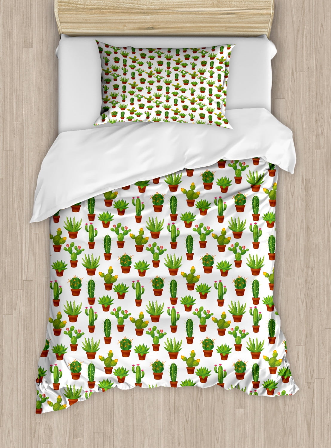 Cactus Duvet Cover Set Twin Size, Abstract Floral Pattern with Vases ...