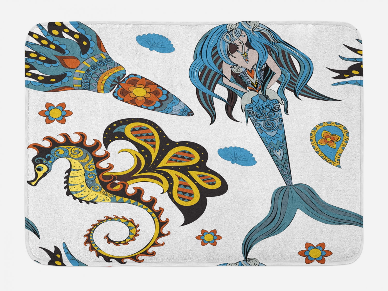 Mermaid Bath Mat, Artistic Oceanic Figures Sea Horse and Calmar Pattern ...