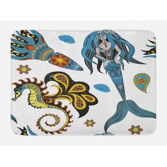 Mermaid Bath Mat, Artistic Oceanic Figures Sea Horse and Calmar Pattern ...