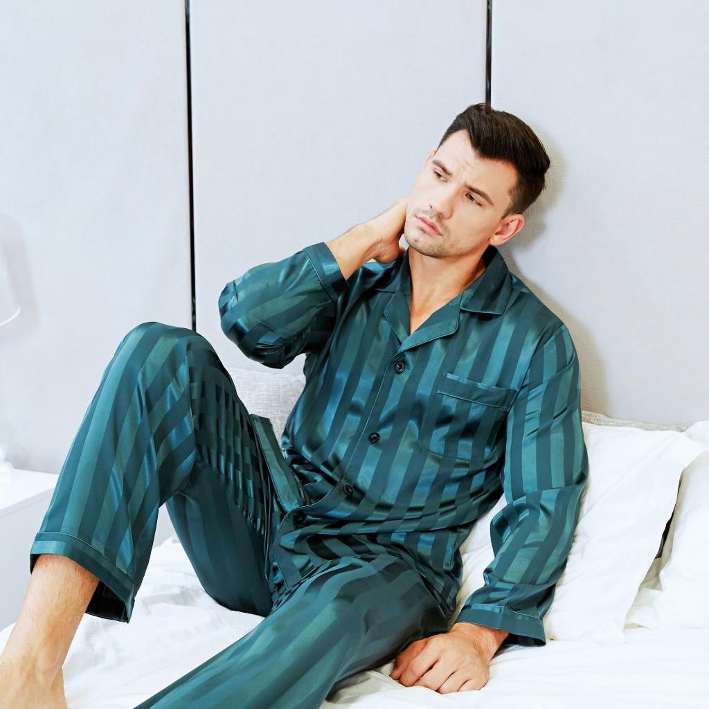 LONXU Men's Pajamas Long Sleeve Silk Satin Luxury Drawstring Nightwear ...