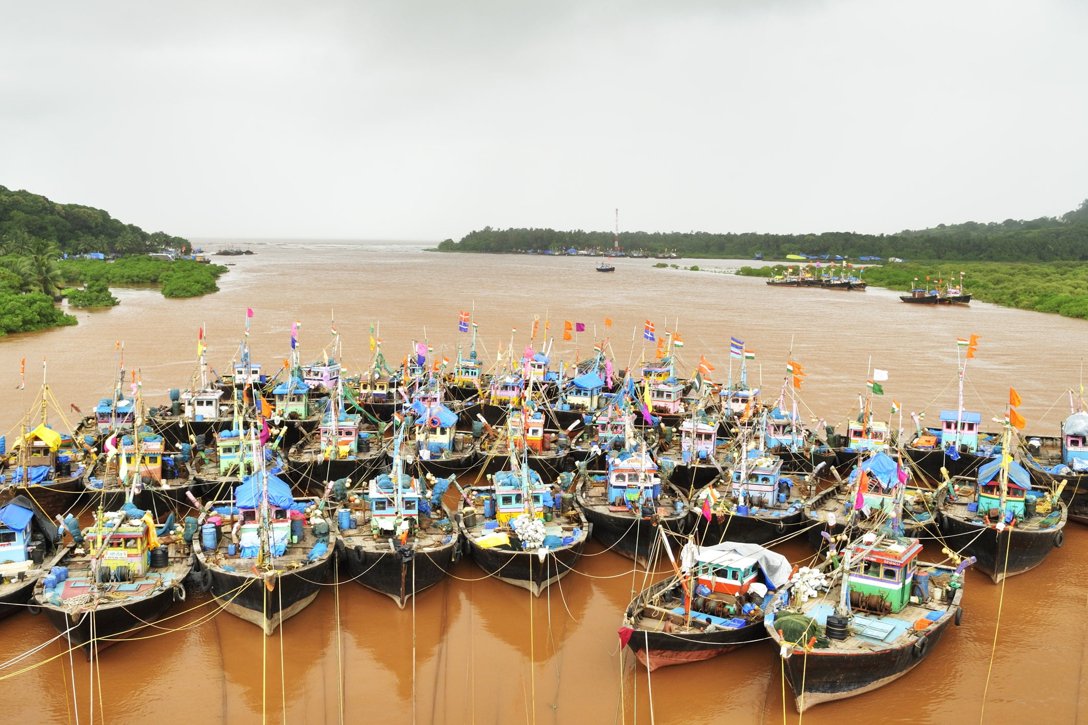 24x36 gallery poster, Fishing boats in India lashed together before a ...