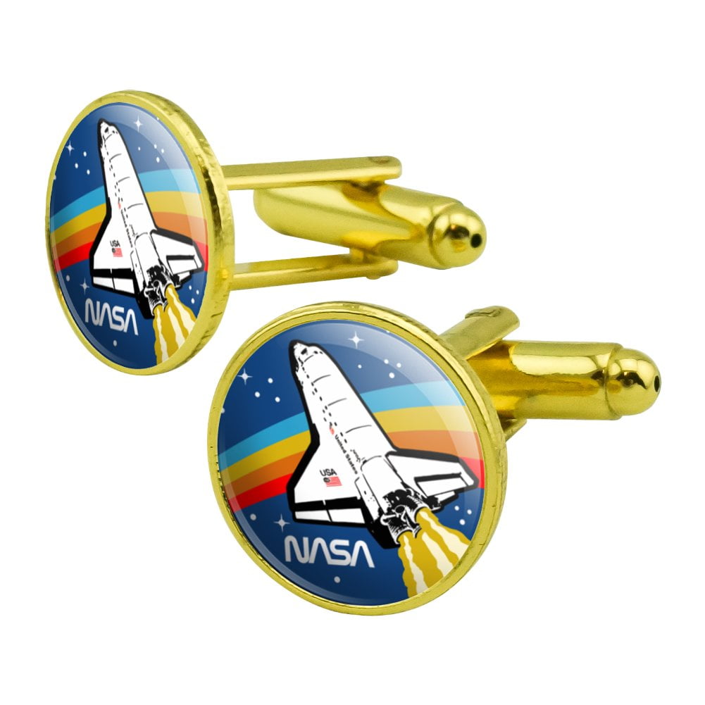 NASA Logo Over Space Shuttle with Rainbow Round Cufflink Set Gold Color ...