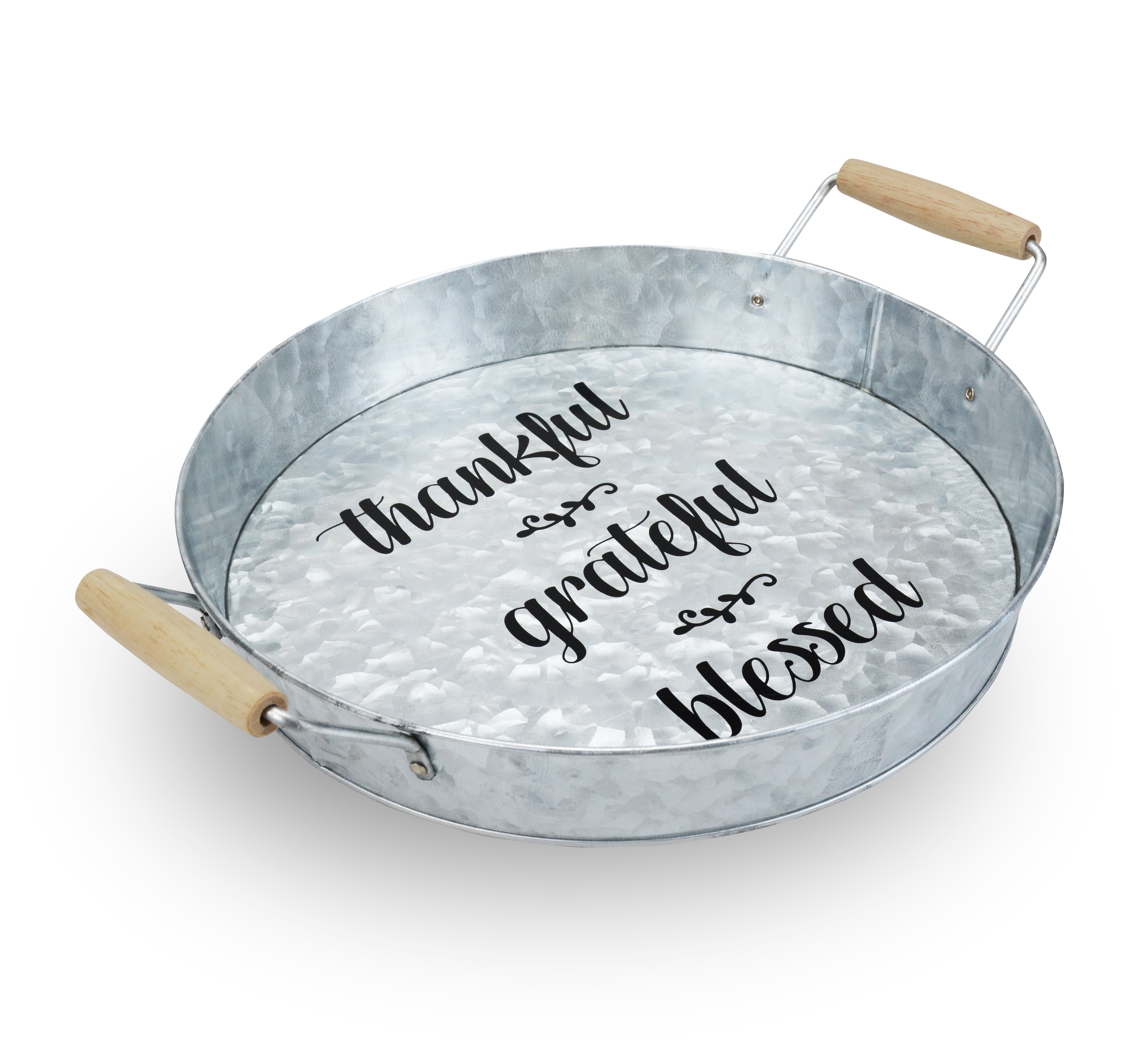 Galvanized Round Tray w/Wooden Handles for Home, Office, Party, Wedding ...