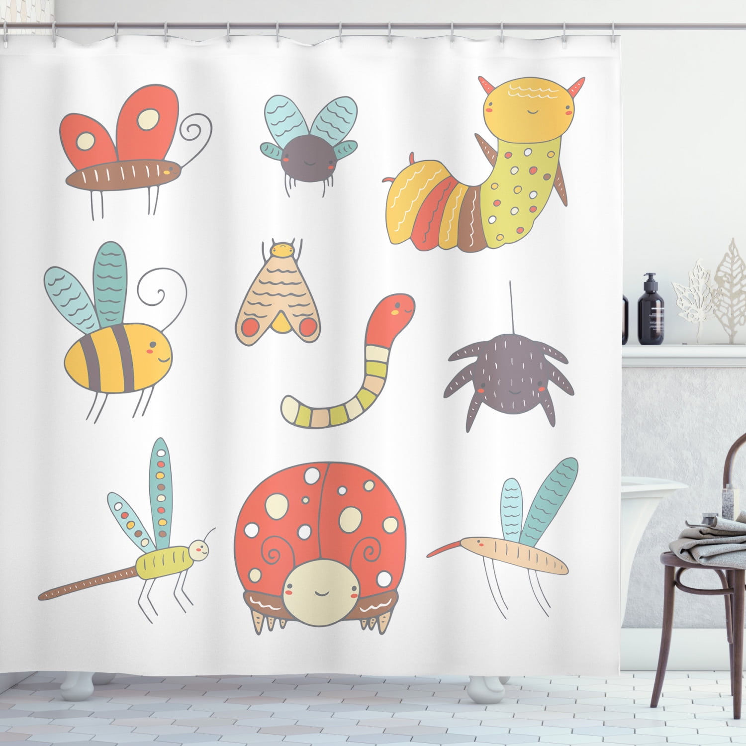 Toddler Shower Curtain, Nursery Doodle Bugs and Insects Smiling ...