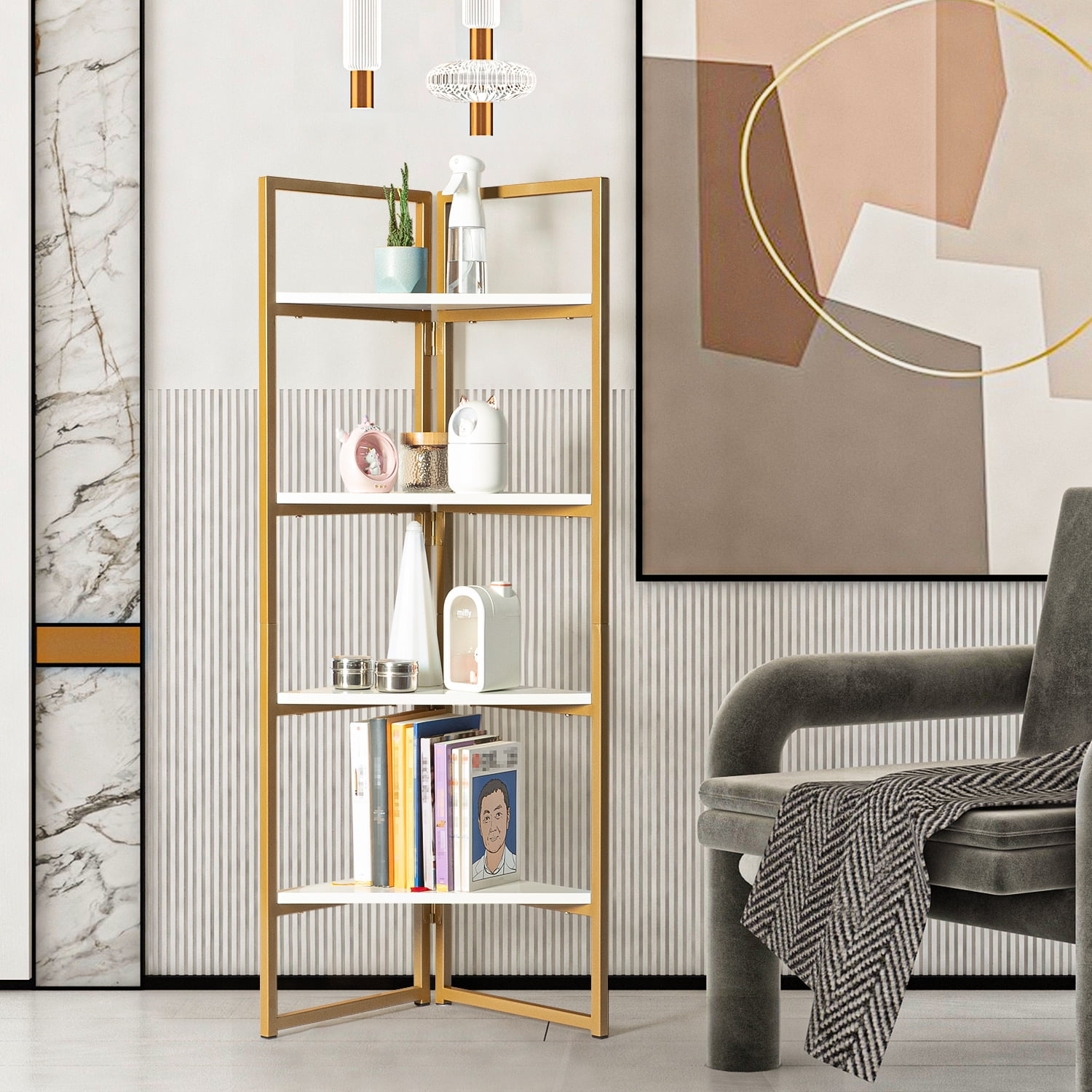 Topcobe 4 Tier Metal Frame Corner Shelf Stand Floor Storage Shelving Unit 48 H White Gold Walmart