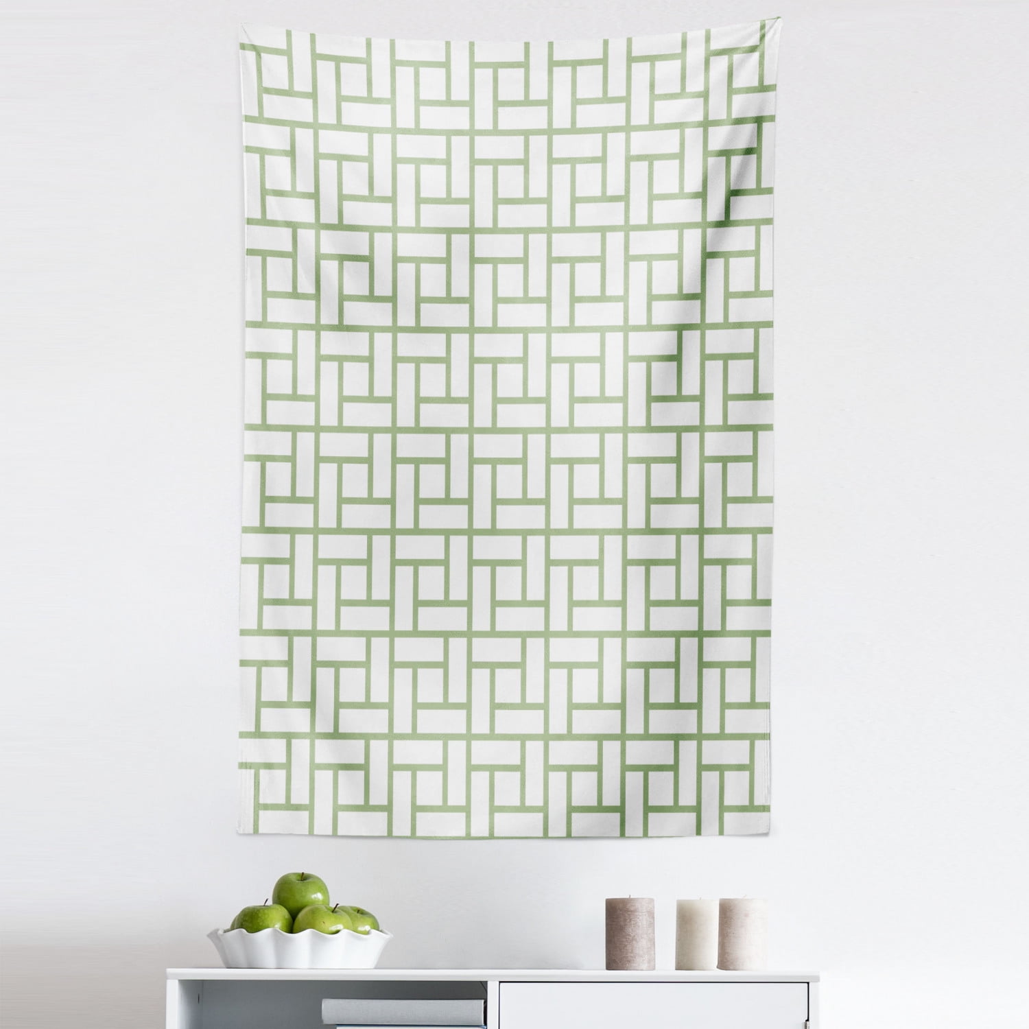 Green Tapestry, Maze Shaped Squares Rectangulars Geometrical Lines ...