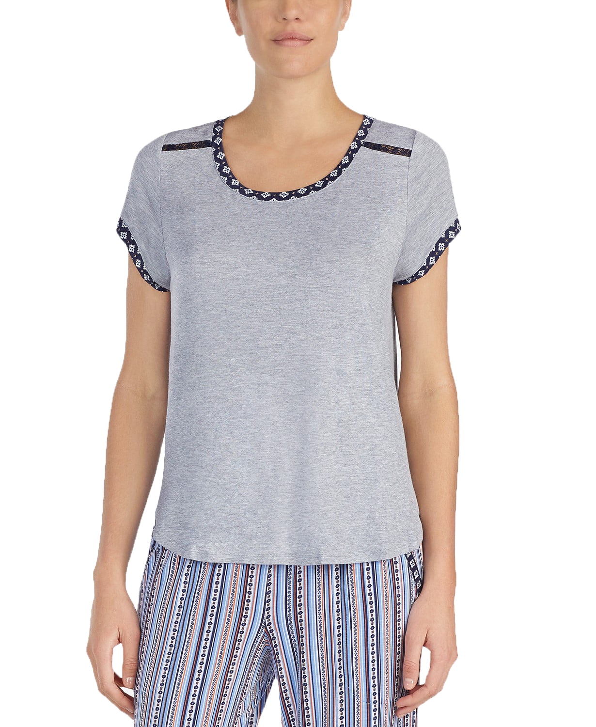 Layla Womens Contrast-Trim Lace Detail Pajama Top (Grey Heather, Small ...
