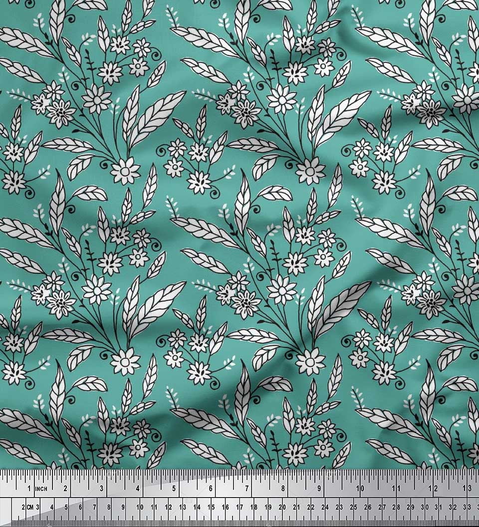 Soimoi Japan Crepe Satin Fabric Leaves & Floral Block Print Fabric by ...