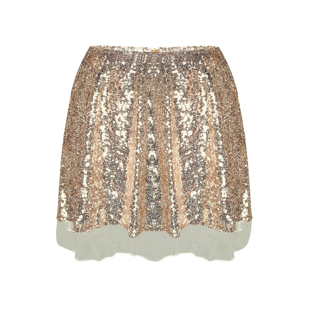 Women Sequin Mini Skirt High Waist Zip Glitter A-Line Short Skirt Gold ...