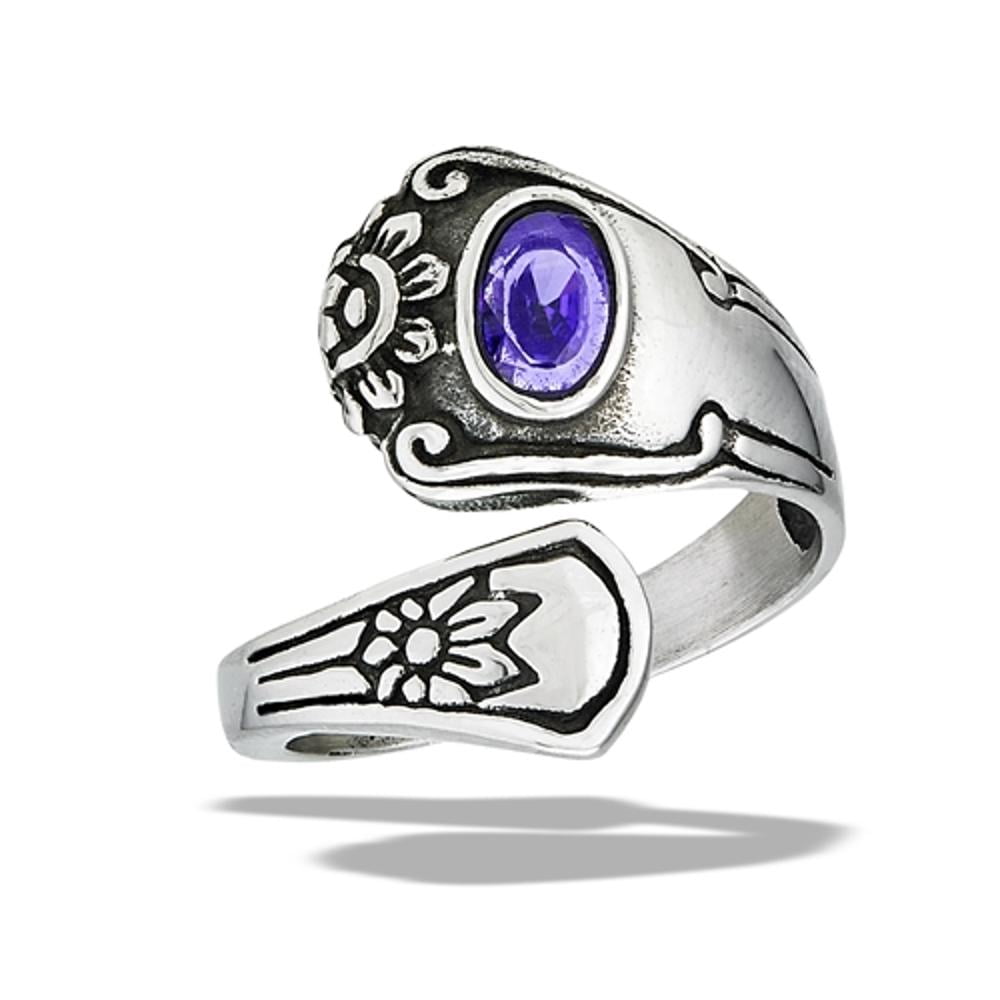 Simulated Amethyst Spoon Thumb Ring Stainless Steel Flower Band Purple ...