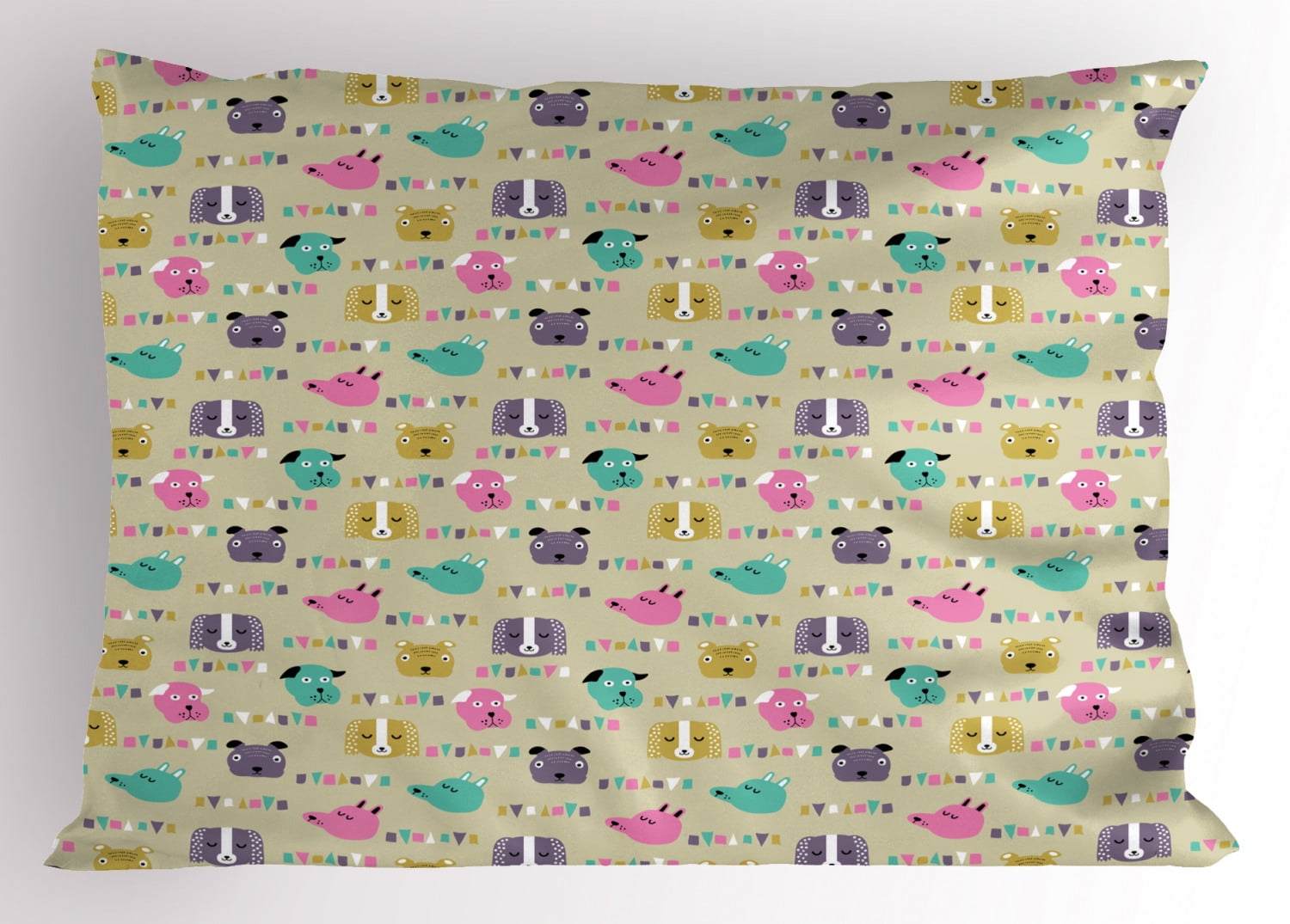 Doodle Pillow Sham, Animal Faces Puppy Elephant Raccoon Cute Paws ...