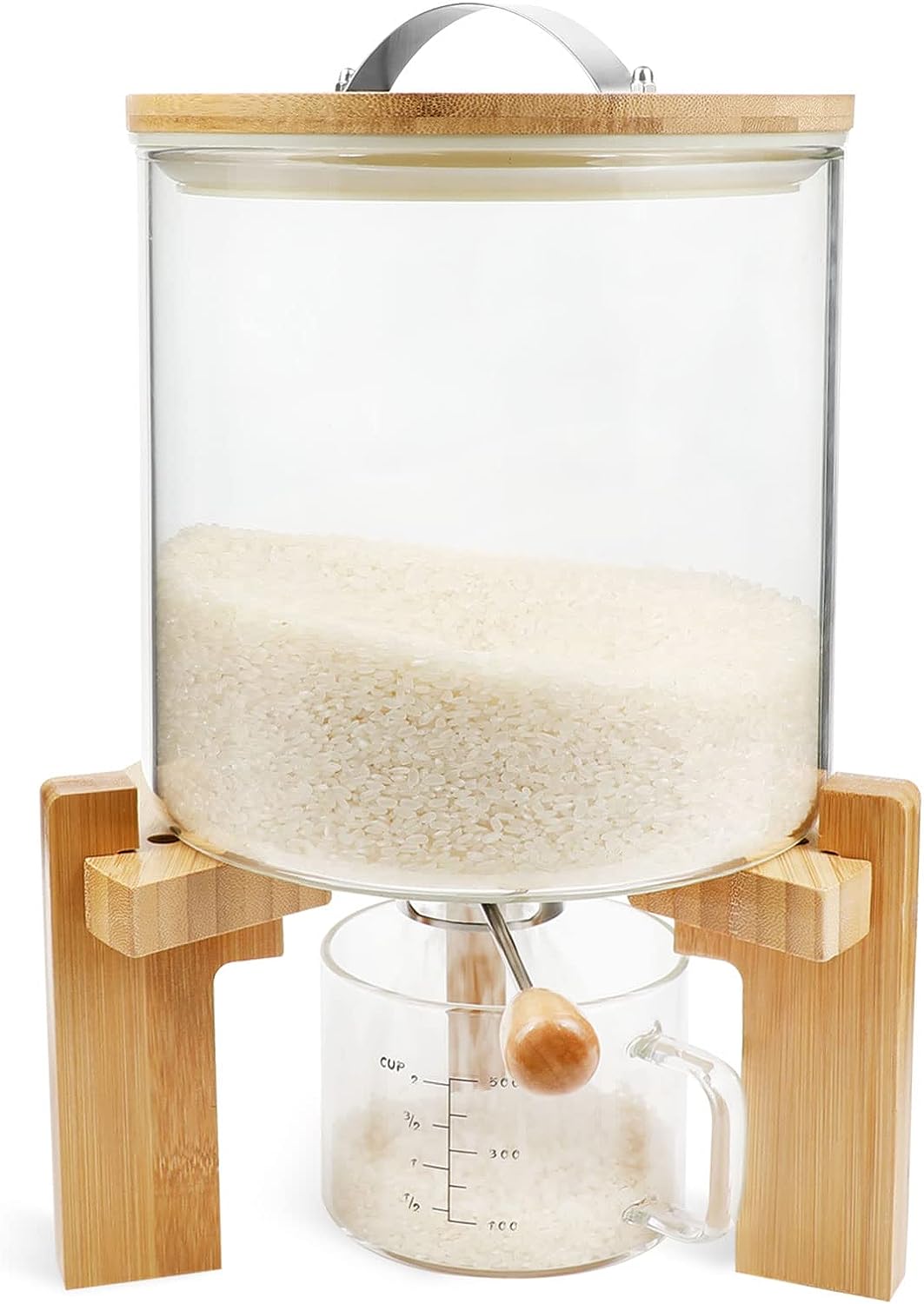 Glass Rice Dispenser with Wooden Stand,Rice Storage Tank 5L,Flour or ...