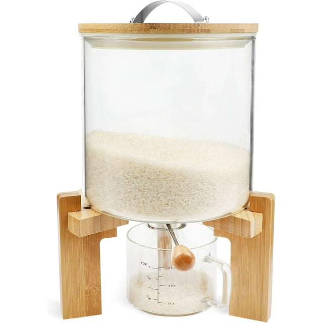 Glass Rice Dispenser with Wooden Stand,Rice Storage Tank 5L,Flour or ...