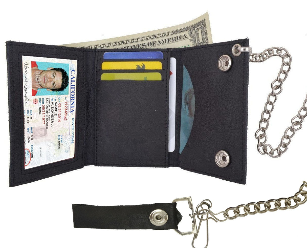 Black Full Grain Leather Men's Biker's Chain Trifold Wallet Trucker ...