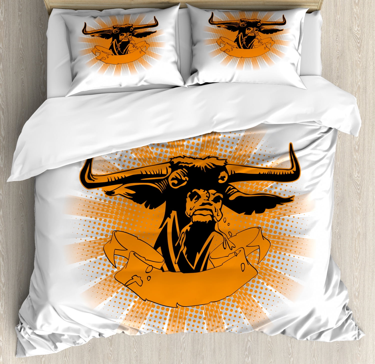 Rodeo Duvet Cover Set King Size, Furious Bull Against Beams and Comic ...