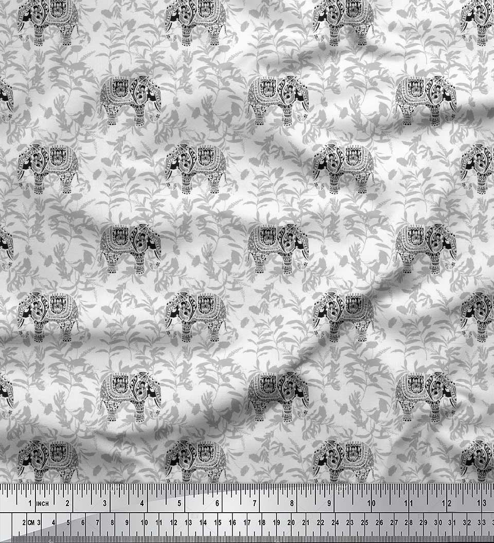 Soimoi White Modal Satin Fabric Leaves & Artistic Elephant Animal Print ...