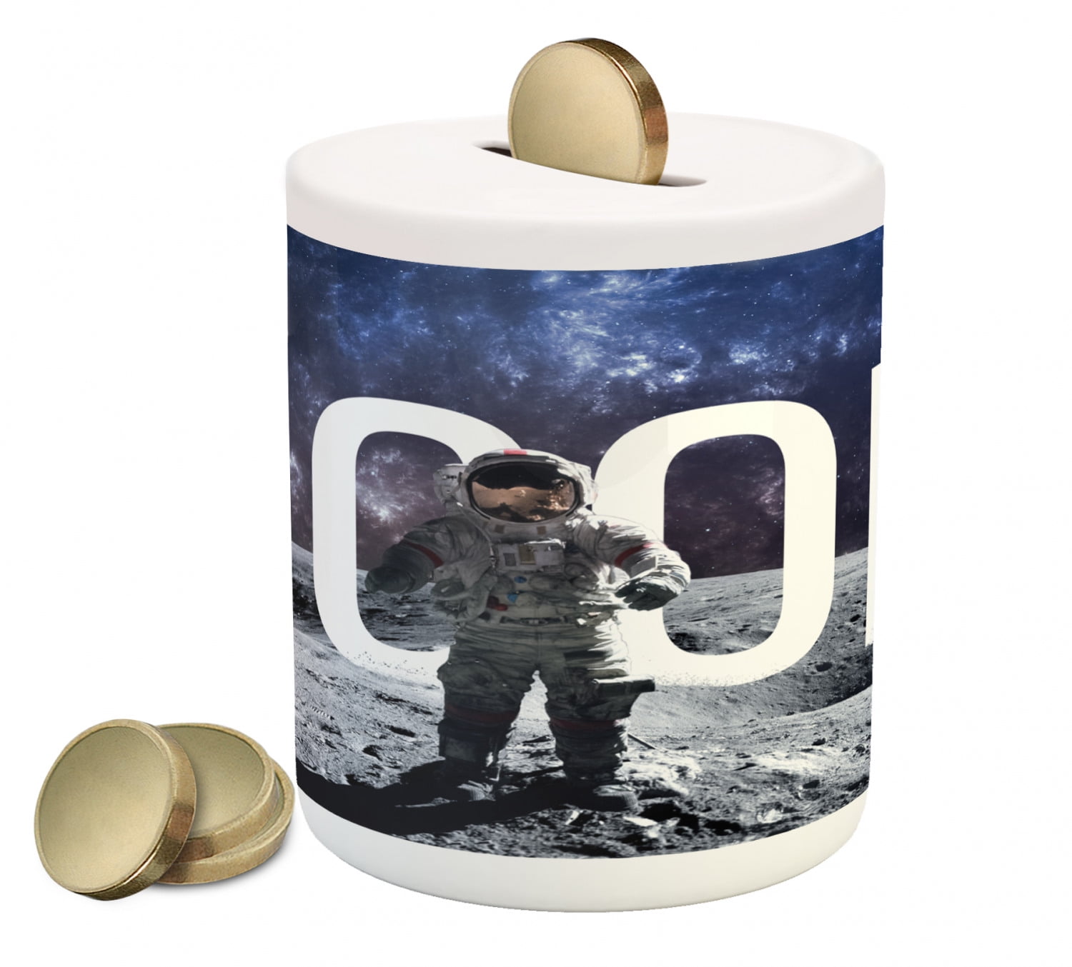 Outer Space Piggy Bank, Miniature Toy Astronaut on the Foreground of ...