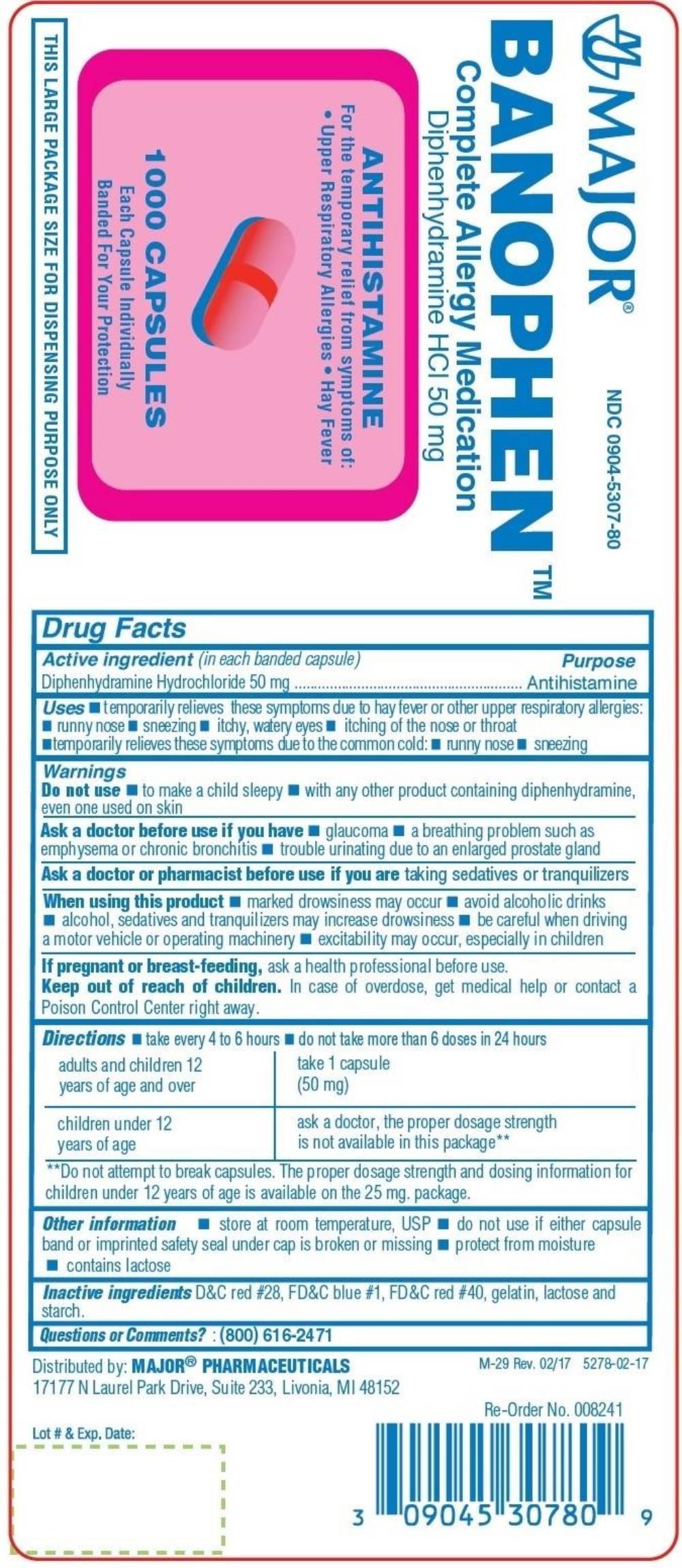 Major Banophen Antihistamine Diphenhydramine HCl Allergy Medication, 50 ...