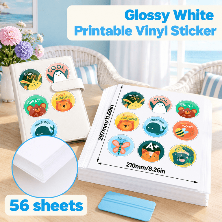 56PCS Glossy Vinyl Sticker Paper A4 8.26x11.69in for Inkjet Printers ...