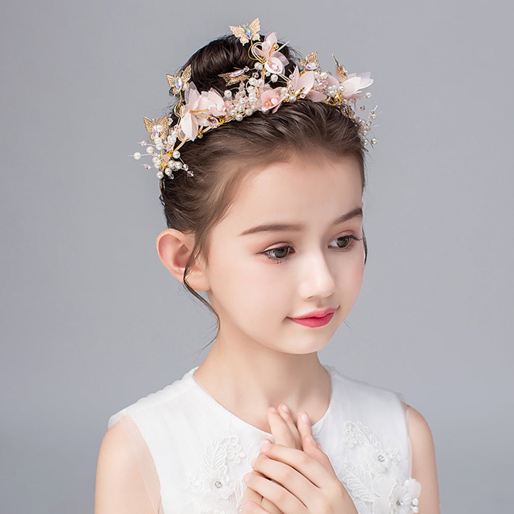 Cheers.US Girls Kids Faux Pearl Flower Butterfly Crown Tiara Headband ...