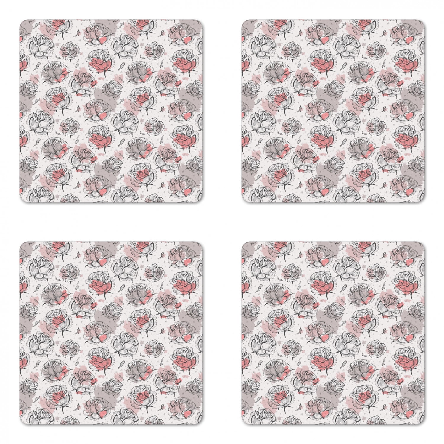 Rose Coaster Set of 4, Romantic Flowers with Pastel Paint Blots, Square ...