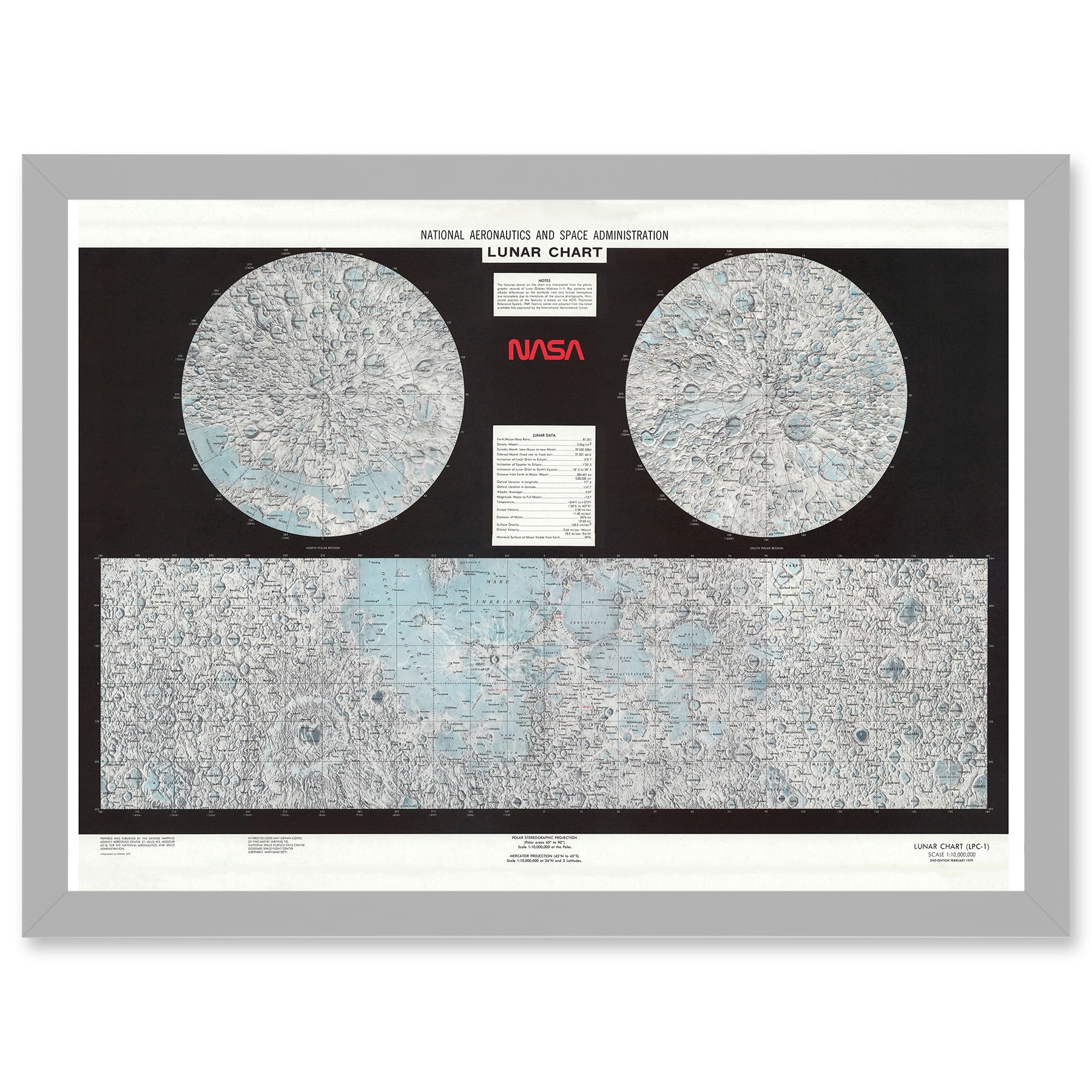 Space Nasa 1979 Lunar Chart Moon Map Data Diagram Artwork Framed Wall ...