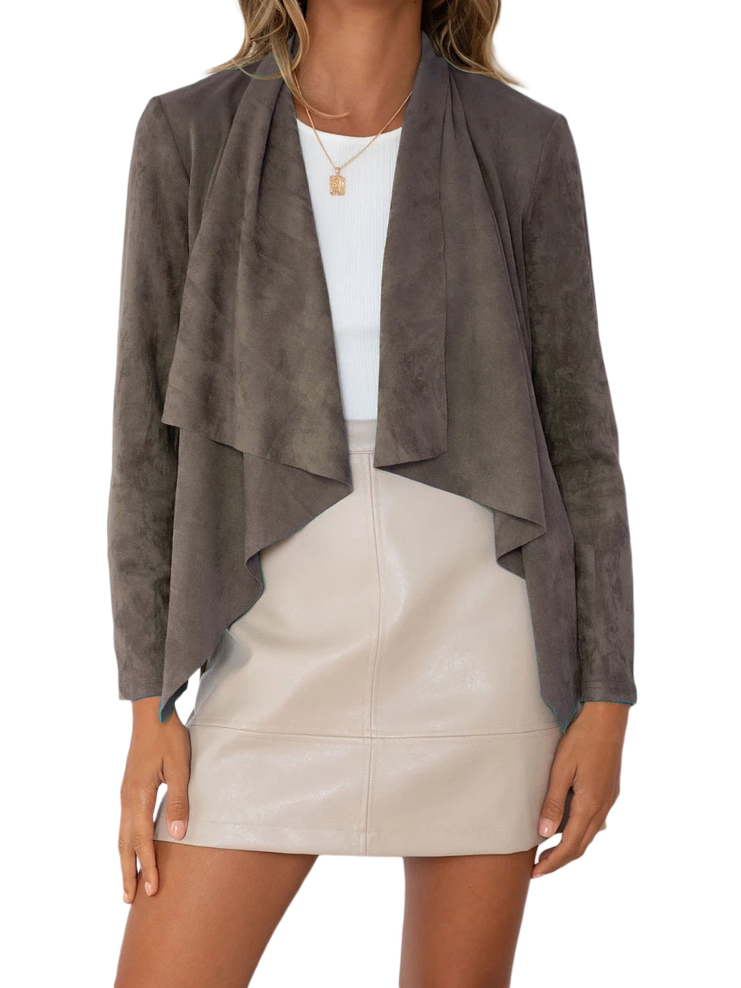 CenturyX Women's Office Jackets Waterfall Open Front Faux Suede Jacket ...