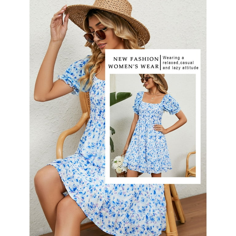 Xuanfei Women Floral Print Off Shoulder Square Neck Smokced Xuanfei Women Floral Print Off Shoulder Square Neck Smokced