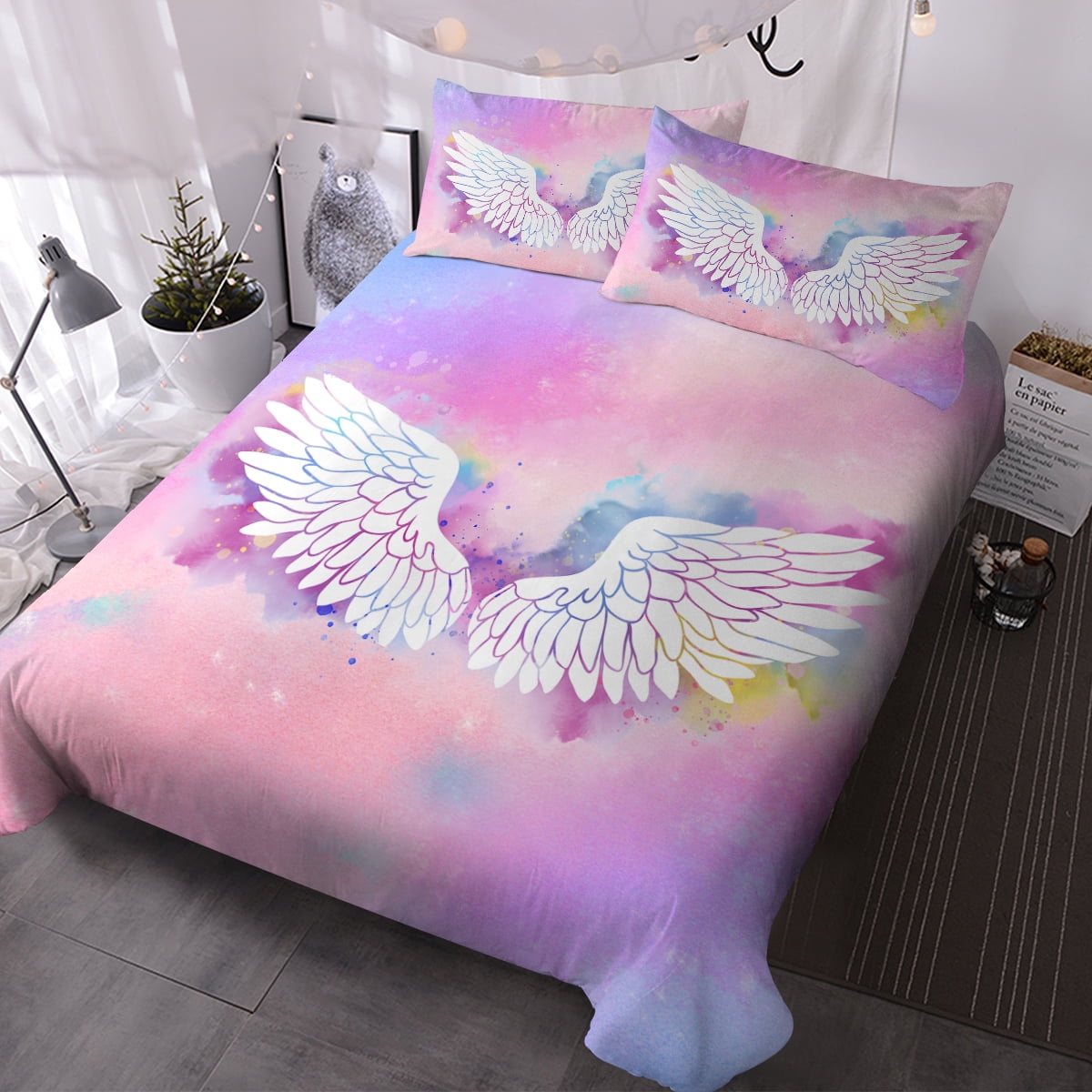 Blessliving Angel Wings Bedding Duvet Covers King, Rainbow Bedding Set ...