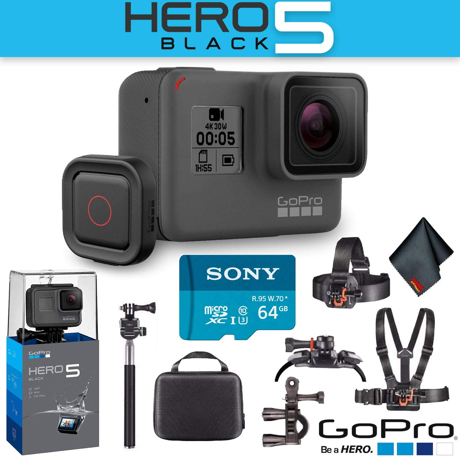 GoPro Hero5 Black with Voice Activated Remote + 64 GB Memory Card ...