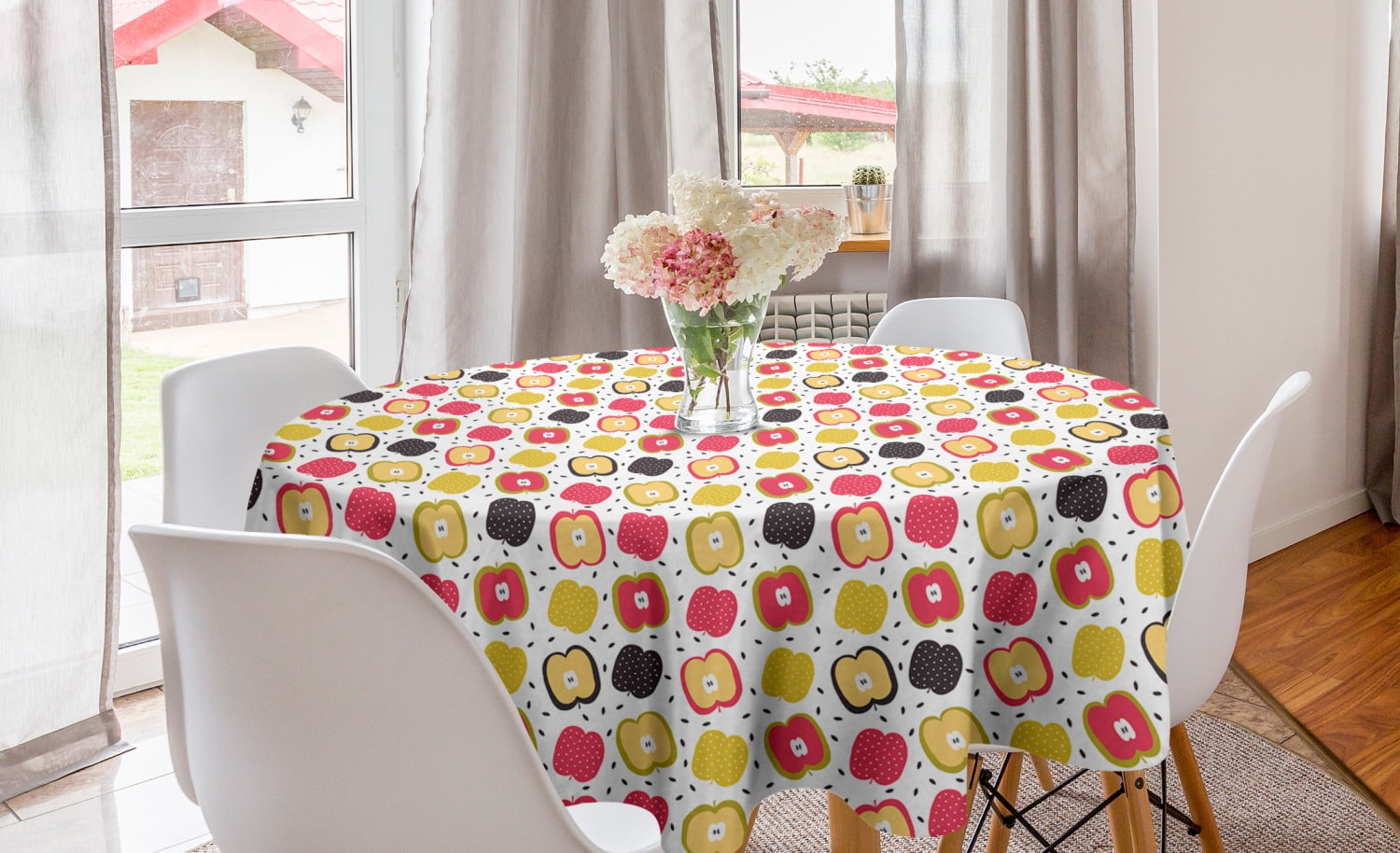 Fruit Round Tablecloth, Continuous Print of Colorful Sliced Apples with ...
